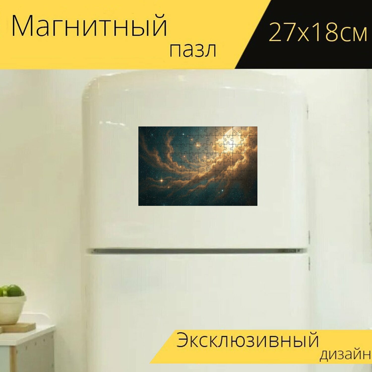 Магнитный пазл "Космический свет среди туманностей. Фантастический звездный простор с сияющей планетой, золотистыми облачными вихрями и ярким свечением." на холодильник 27 x 18 см.