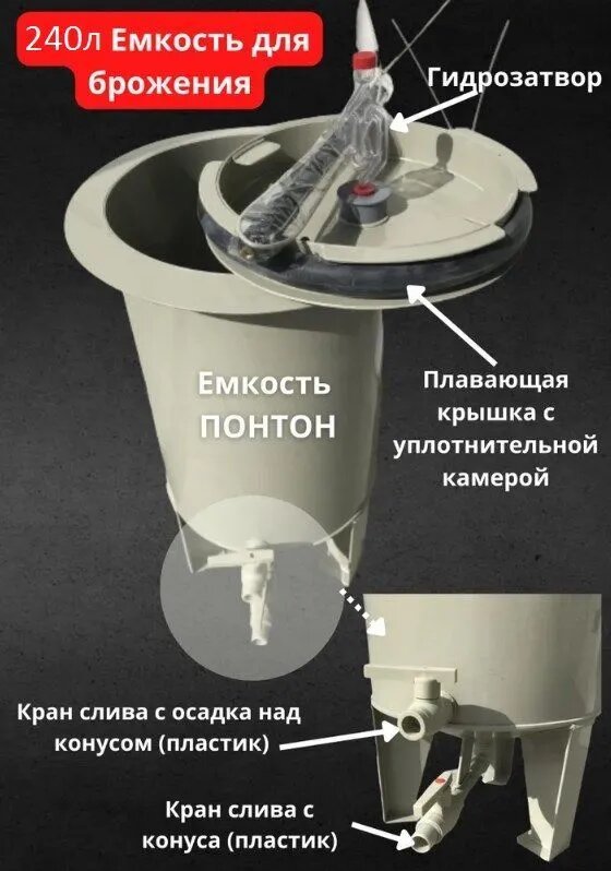 Емкость для брожения с пневмокрышкой 240 литров из полипропилена с мезгафильтром