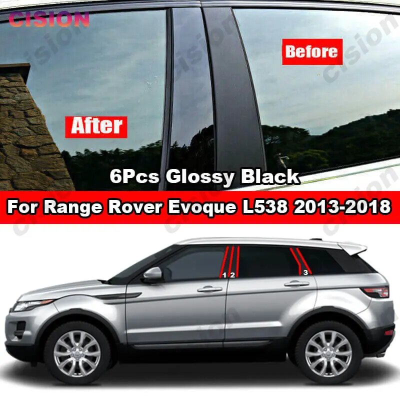 6 глянцевых черных накладок на стойки Range Rover Evoque L538 2013-2018