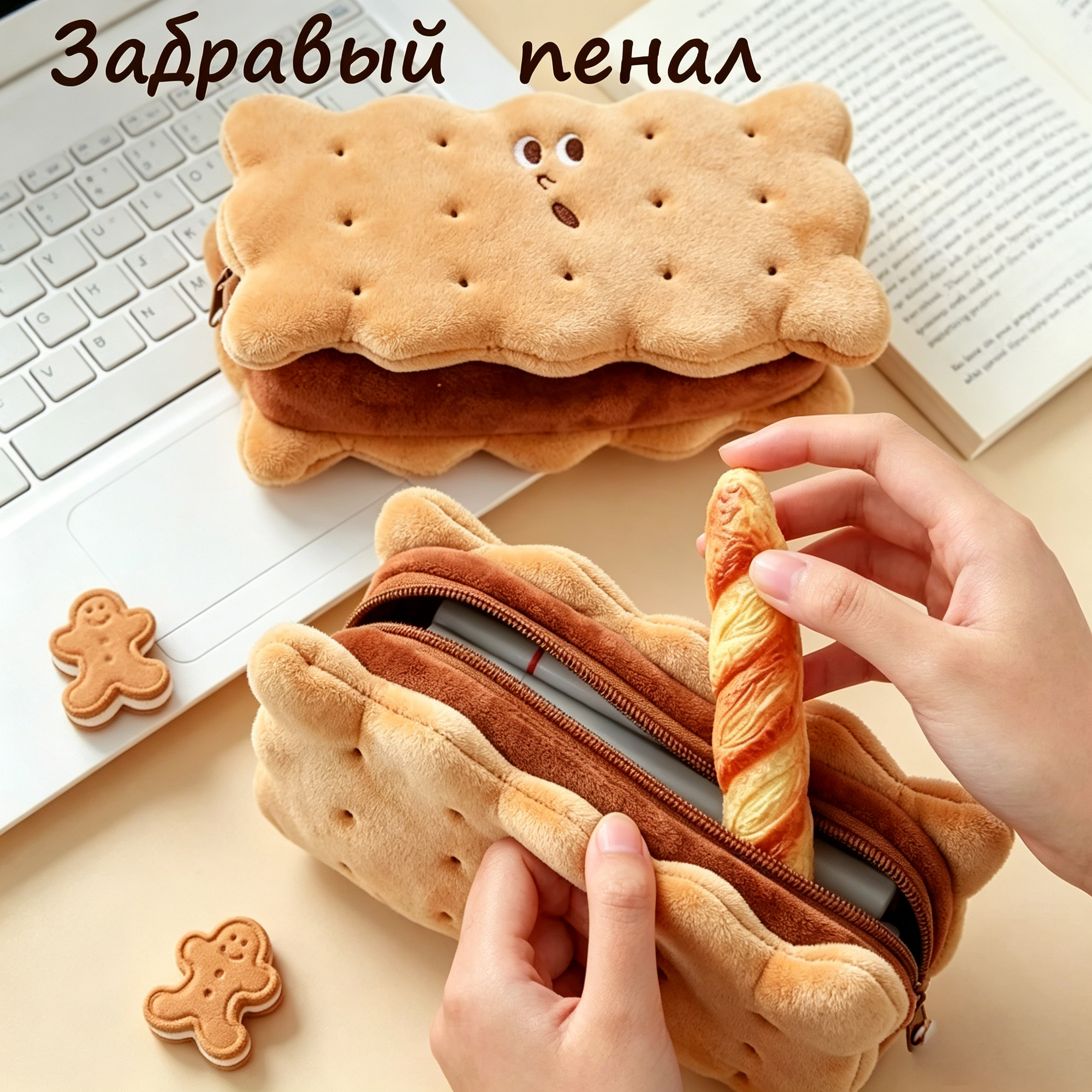 Плюшевый пенал в виде печенья-сэндвича, забавный дизайн, для школы