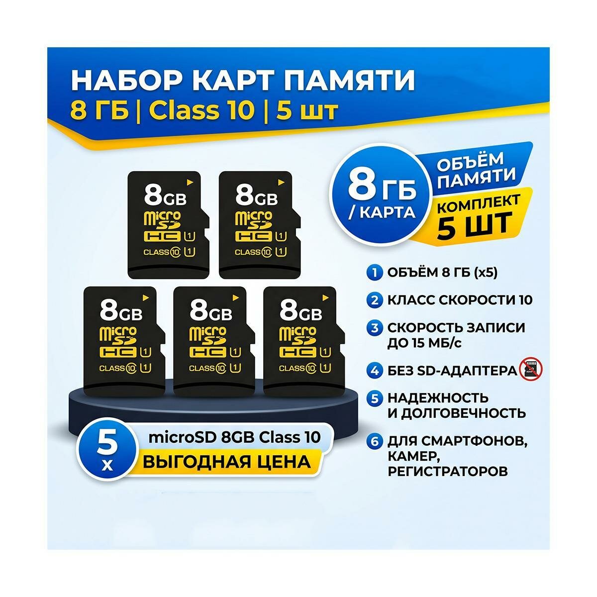 Комплект микро SD карт памяти 5 штук TF 8 ГБ (Y17419CDS) Class 10 для записи видео, систем видеонаблюдения и регистраторов, высокая скорость работы