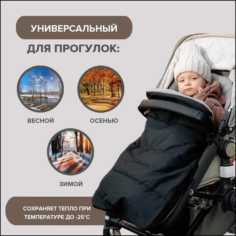 Теплый конверт в коляску из оксфорда и флиса, размер 850х400мм, цвет серый, утеплитель Холлофайбер, Осень-зима 2024 — фото 1