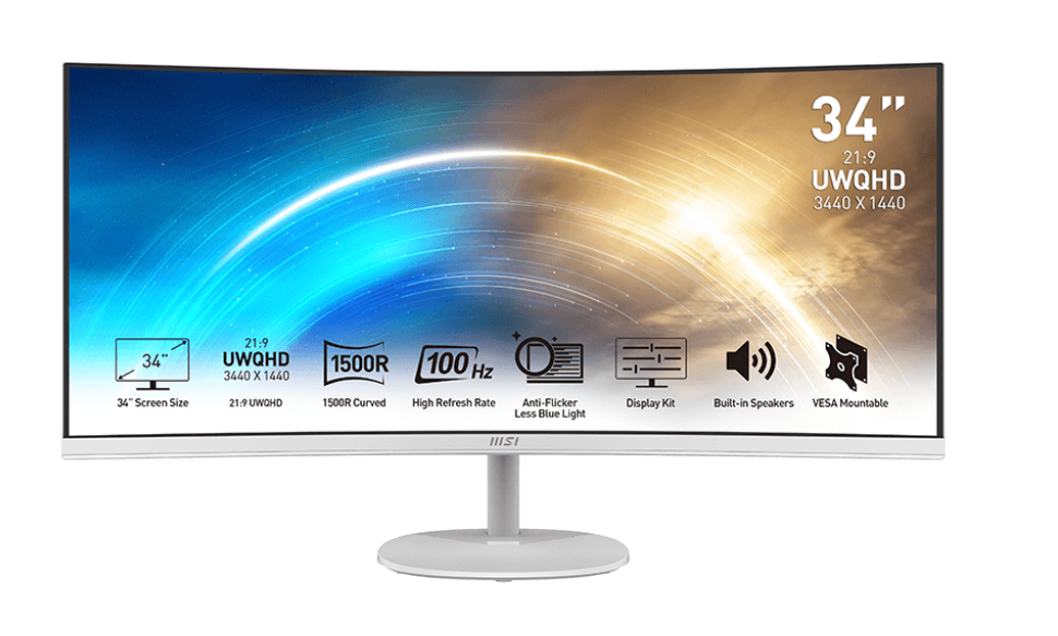 Монитор MSI 34" PRO MP341CQW 1500R, 21:9, VA, UWQHD, 1/4ms, 100Hz, 300cd, HDMI, DP, SPK