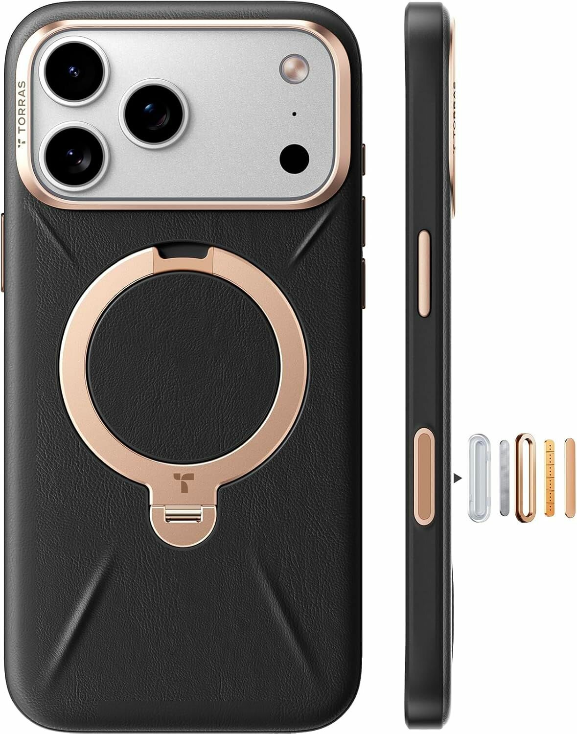 Чехол для телефона TORRAS Q3 VegSkin из натуральной кожи для iPhone 17 Pro Max, с магнитной подставкой, вращающейся на 360, цвет Полуночный черный.