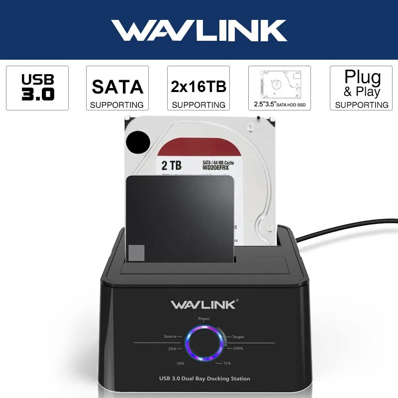 Док-станция для жесткого диска Wavlink Offline Clone с двумя отсеками USB 3.0 для SATA I /II / III объемом не более 2x16 ТБ с адаптером питания 12 В / 3 А