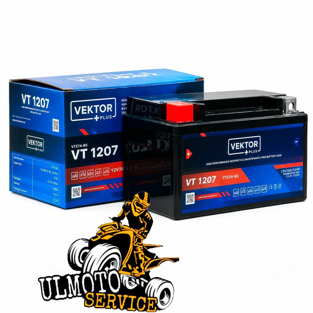Аккумулятор для мототехники VEKTOR PLUS VT 1207 AGM 12 В 7 Ач 100 А, YTX7A-BS