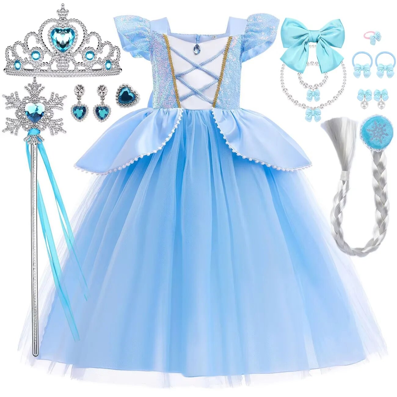 Платье принцессы Диснея синее для девочек 7-8T(tag 140), Cinderella Set 5