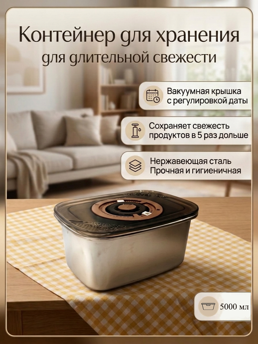 Металлический контейнер с вакуумной крышкой, герметичный, индикатор даты, для хранения, 5000мл