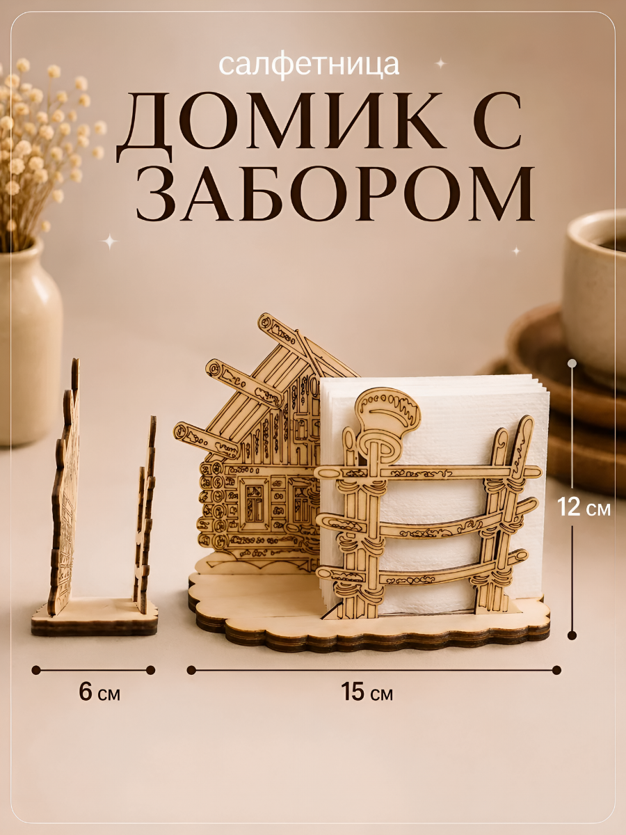Салфетница "Домик с забором" Московский сувенир, ручная работа, дерево, коричневый цвет — фото 1