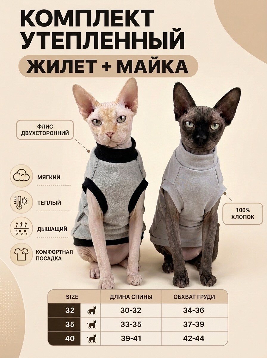 Демисезонный комплект одежды для кошек породы "Сфинкс" флисовый жилет+хлопковая майка (размер 40)