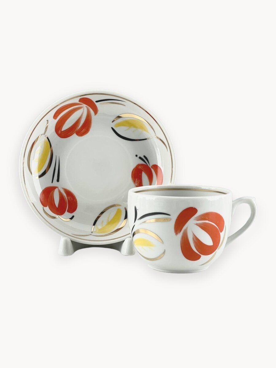 Винтажная чайная пара "Оранжевые цветы". Фарфор Вербилки, роспись. МИнимализм. СССР, 1960-е.