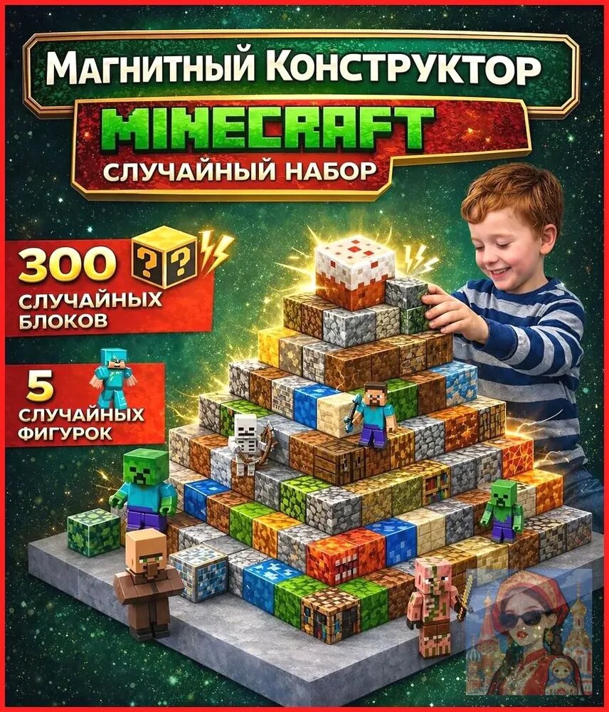 Магнитный конструктор Майнкрафт 300 деталей, магнитные строительные блоки