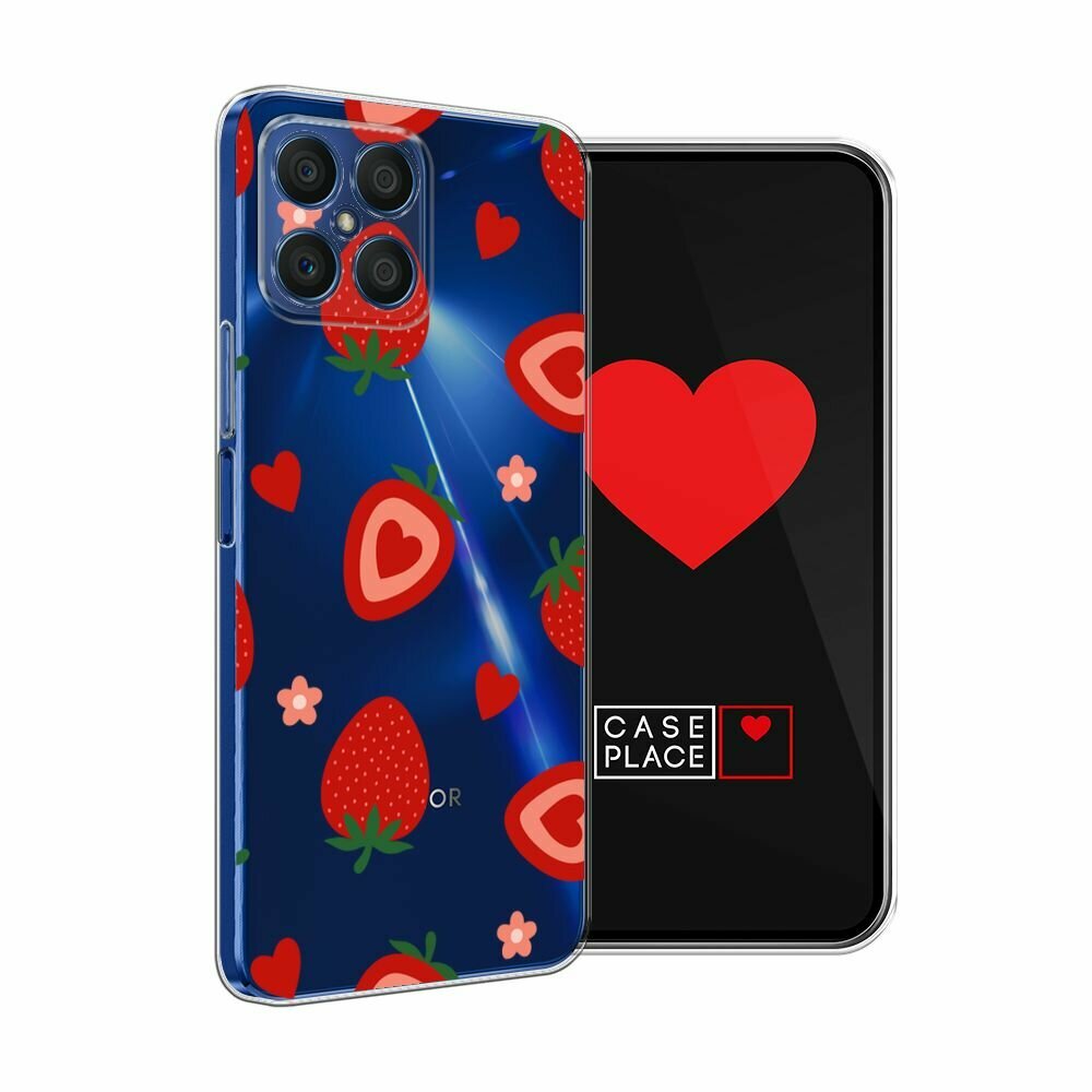 Чехол на Honor X8 / Хуавей X8 с принтом "Heart strawberries 2 - 14 февраля", прозрачный — фото 1