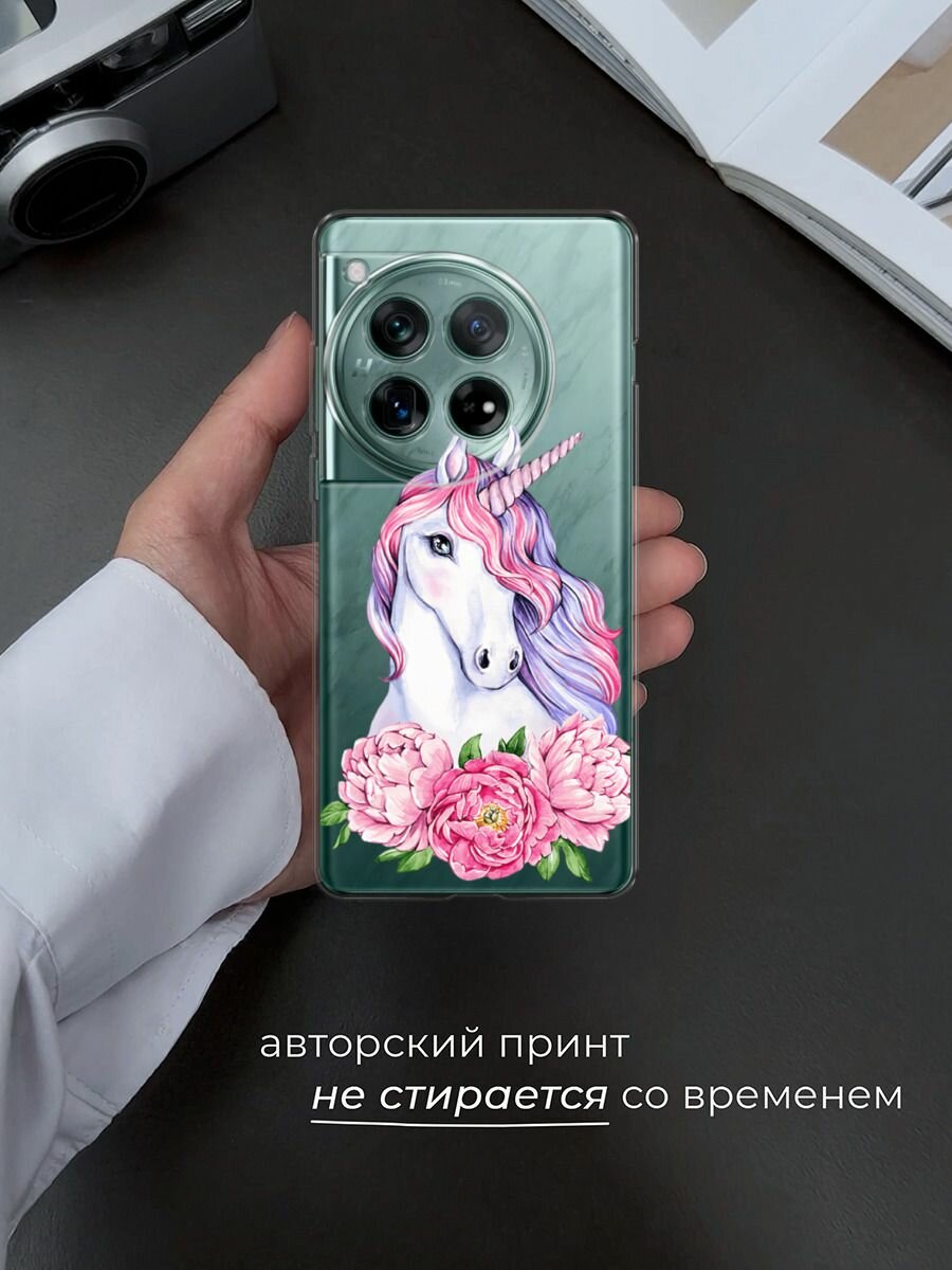 Чехол на OnePlus 12 / Ван Плас 12 с принтом "Единорог с пионами", прозрачный — фото 1