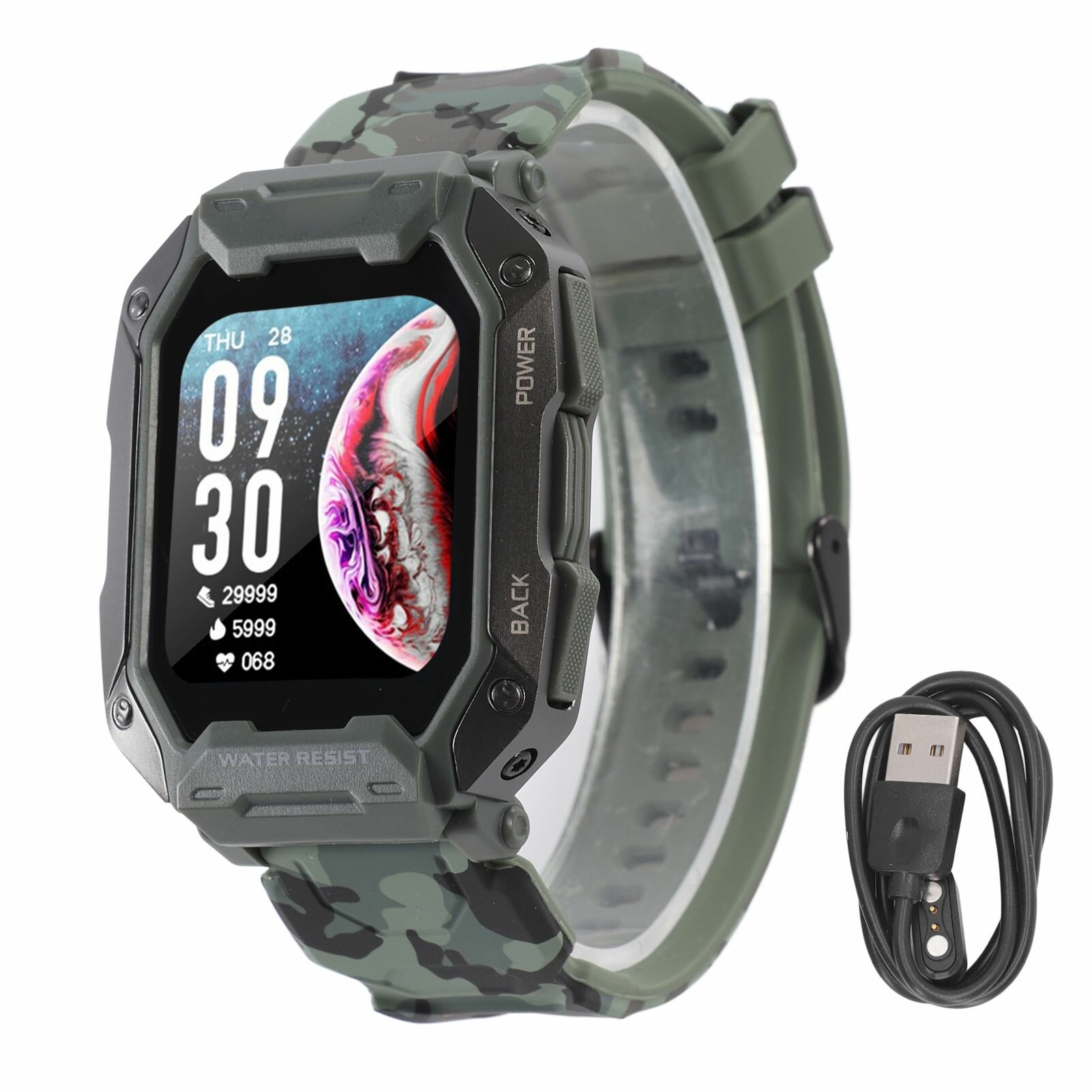 Детские часы-фитнес-трекер, водонепроницаемые, аккумулятор 380 мАч, 24 спортивных режима, трекер активности, спортивные умные часы, камуфляжный зеленый цвет