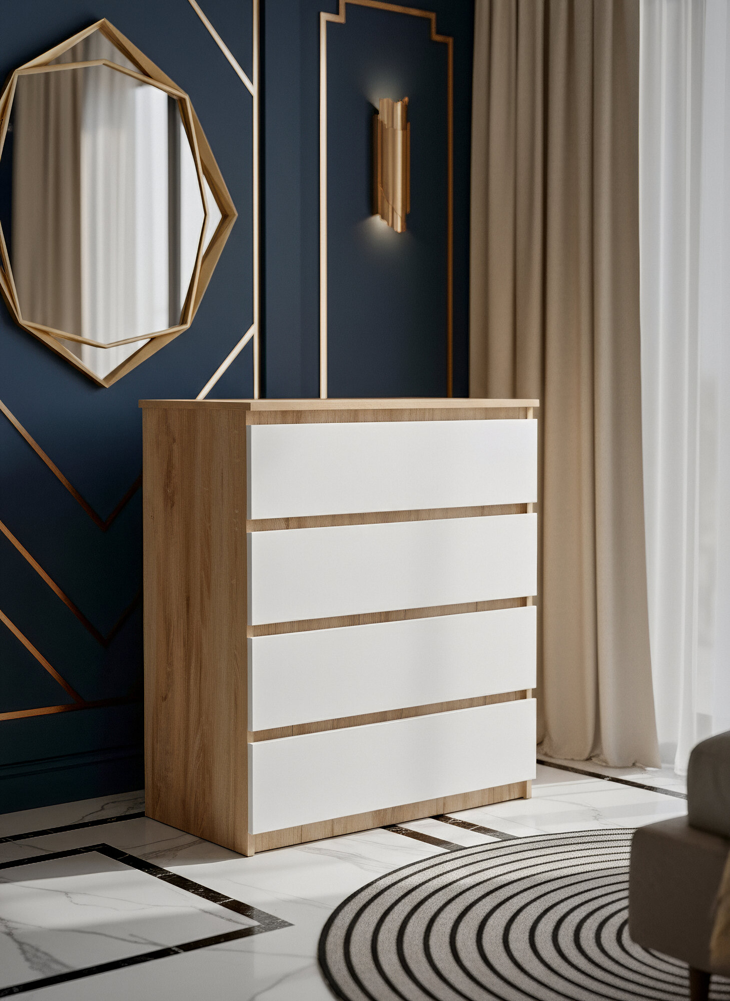 Комод Welcome Модерн, 4 ящика, шариковые направляющие, цвет дуб крафт золотой, белый