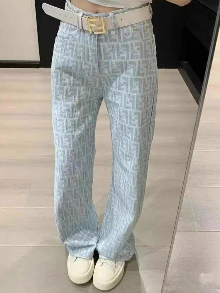 Охоты Брюки JYL Дамские джинсы: Премиум, весенне-летние, высокая талия, прямой, принт с буквами Чистый цвет талии_M