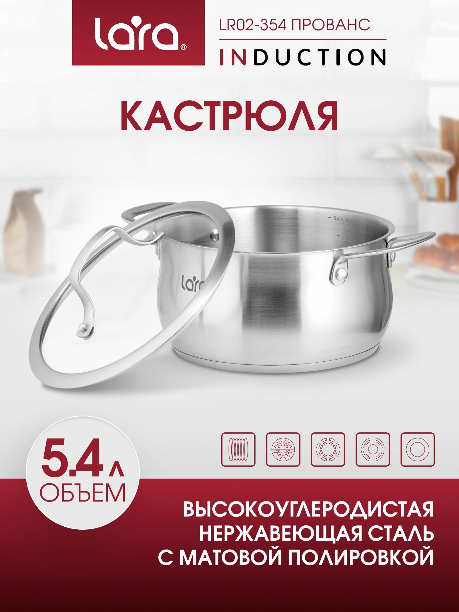 Кастрюля с крышкой 5,4л LARA Прованс, из нержавеющей стали, для индукционных плит, для всех видов плит LR02-354