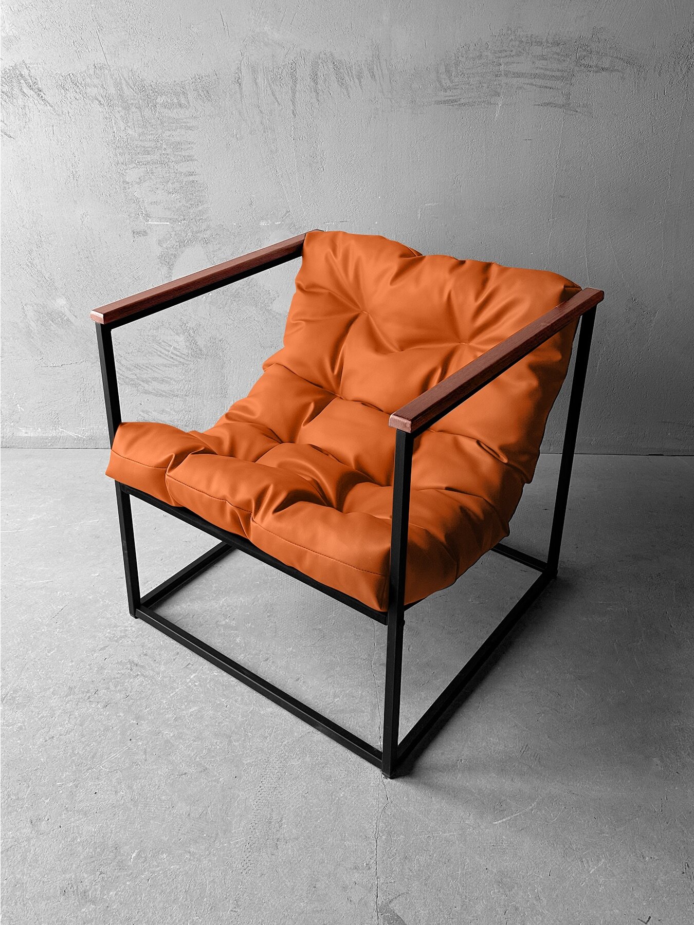 Кресло мягкое удобное для отдыха, уличное, на балкон, веранду, в стиле лофт, минимализм, Лофтовик ++ кожзам рыжий