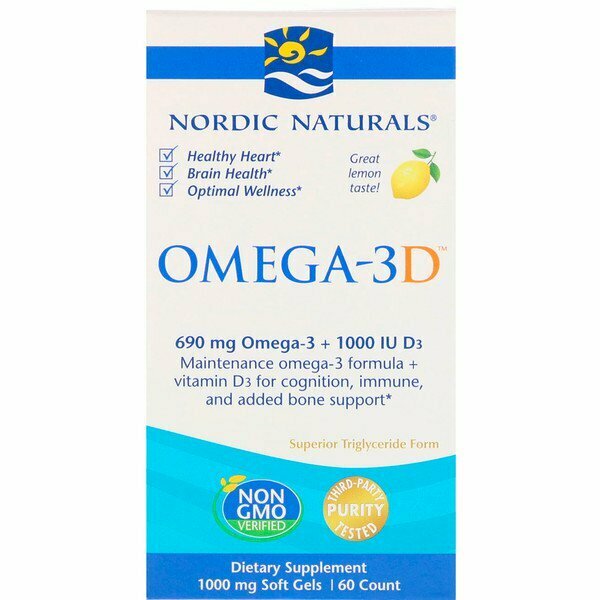 Nordic Naturals Омега-3D лимонный 1000 мг 60 мягких капсул