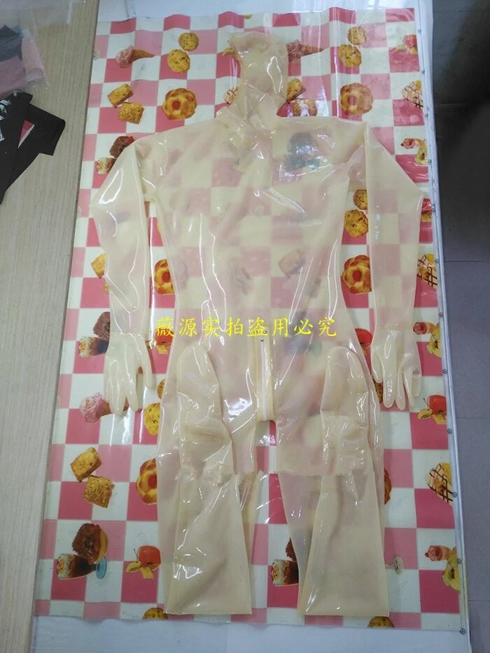 Латексный резиновый костюм кошки для лица фетиш боди с капюшоном перчатки носки на заказ XXL, transparent with zip