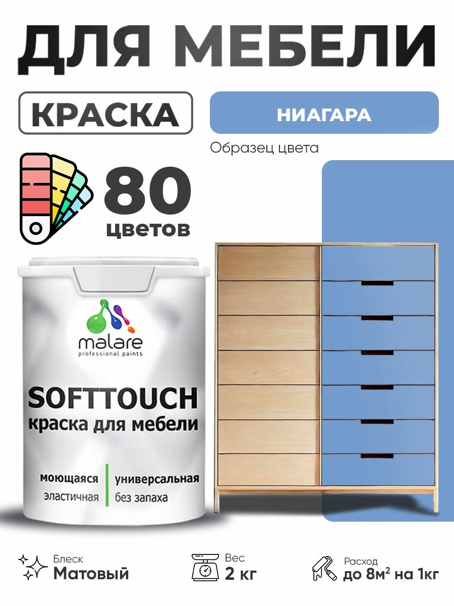 Акриловая краска для мебели Malare SoftTouch для кухонных фасадов для дерева и МДФ, моющаяся быстросохнущая, матовая, ниагара, 2 кг.