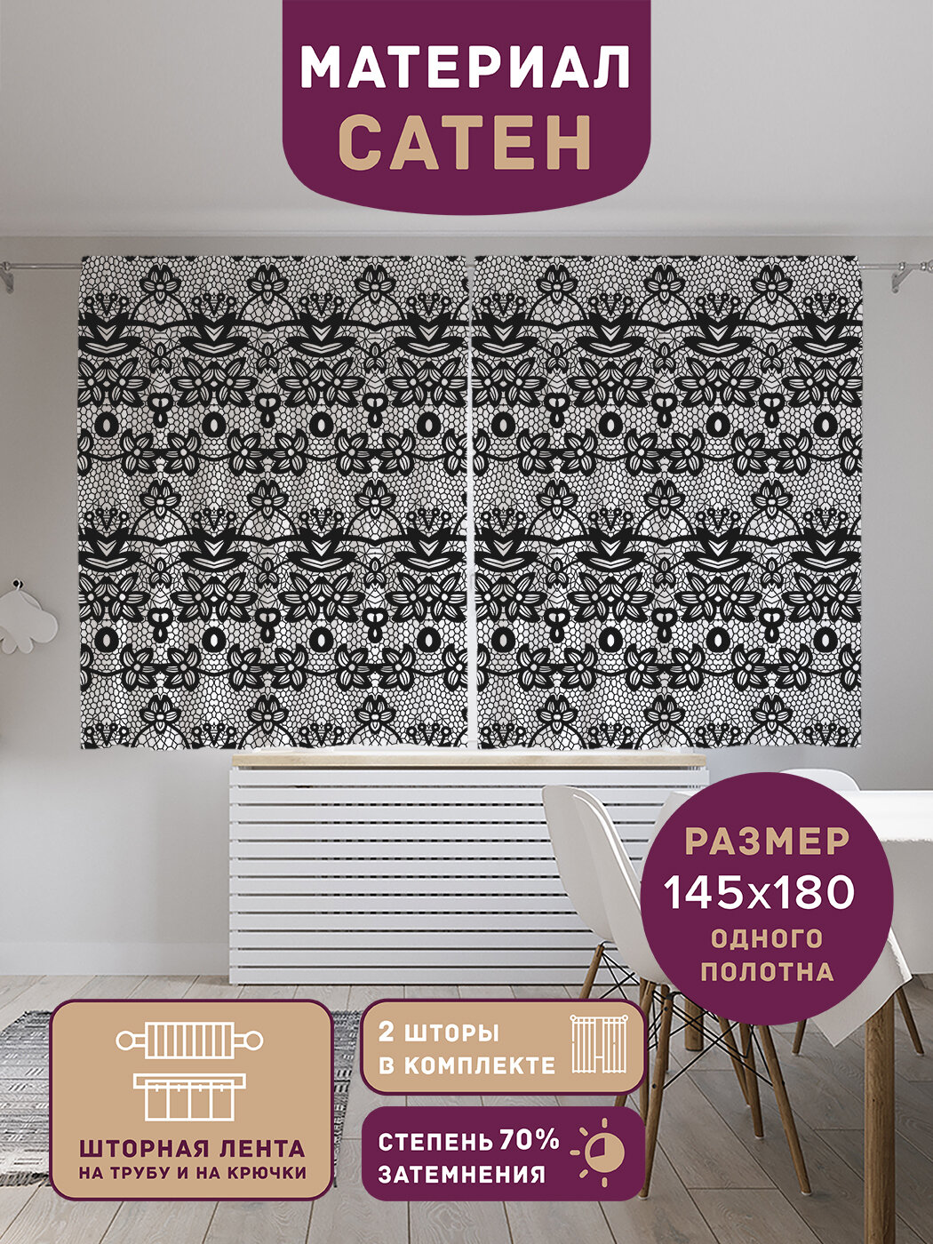 Фотошторы для кухни и спальни "Ажурная тюль", 2 полотна шириной по 145 см, высота 180 см, JoyArty