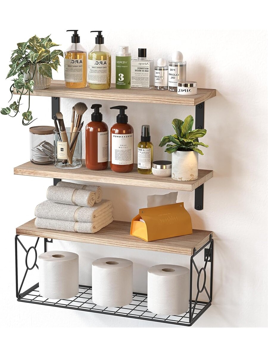 Подвесной деревянный стеллаж для ванной: плавающий, с корзиной для хранения