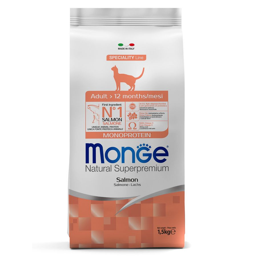 Полнорационный сухой корм для кошек Monge Cat Speciality Line Monoprotein Adult, с лососем 1,5 кг
