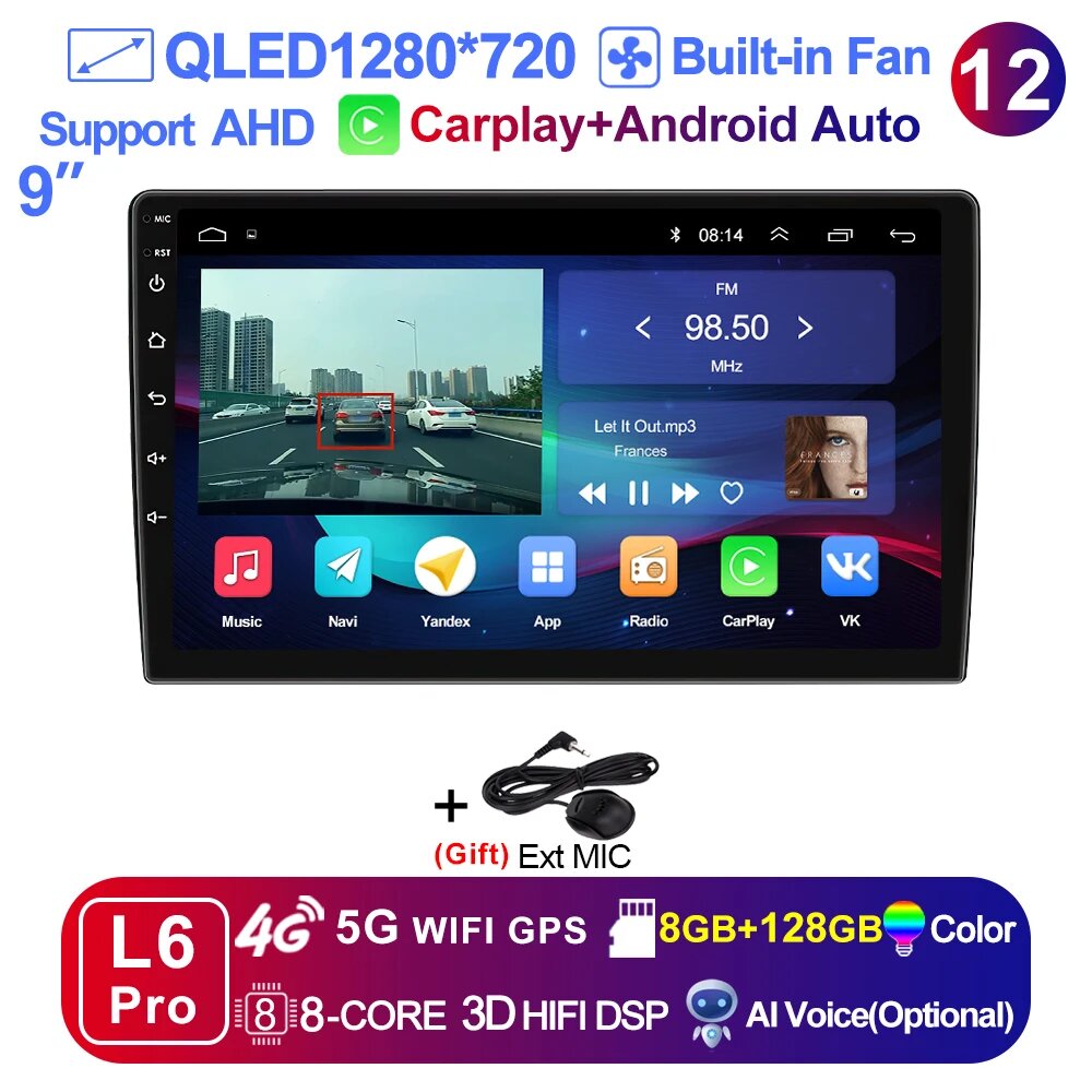 LEHX Универсальный 9/10-дюймовый беспроводной Carplay 2din Android 15, автомобильный 9-L6Pro(8-128G)