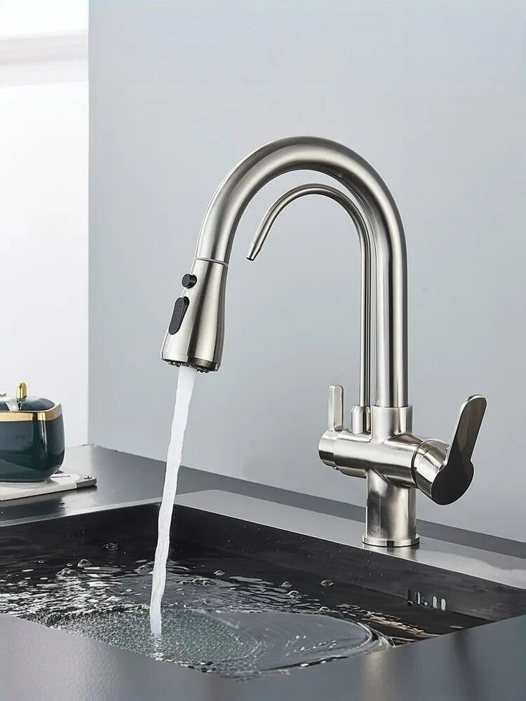 Смеситель для кухни с фильтром для питьевой воды, раковины, с гибким изливом, аэратор для смесителя, 3 режима, Матовый никель