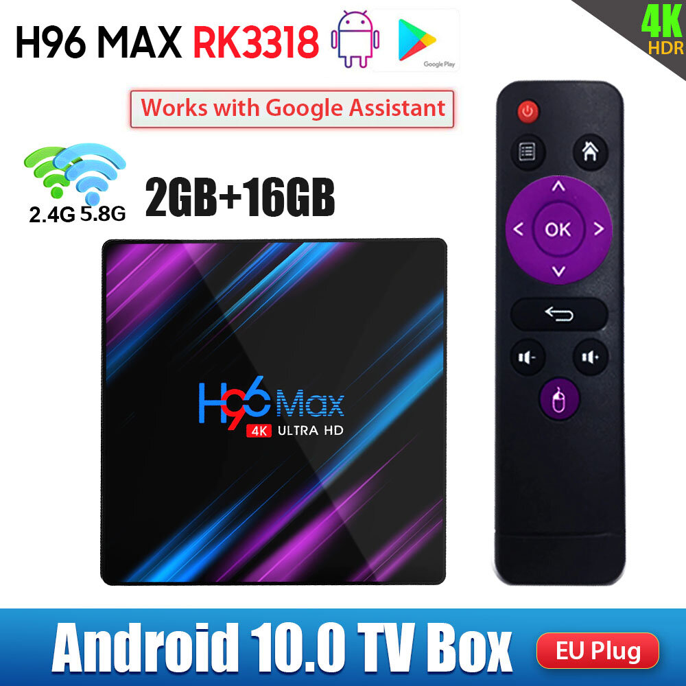 H96 Max RK3318 Smart TV BOX Android 10.0 4K 2+16GB 2.4G/5.8G WiFi BT4.0 HDR10 H.265 VP9 Set Top Box Support Google Play