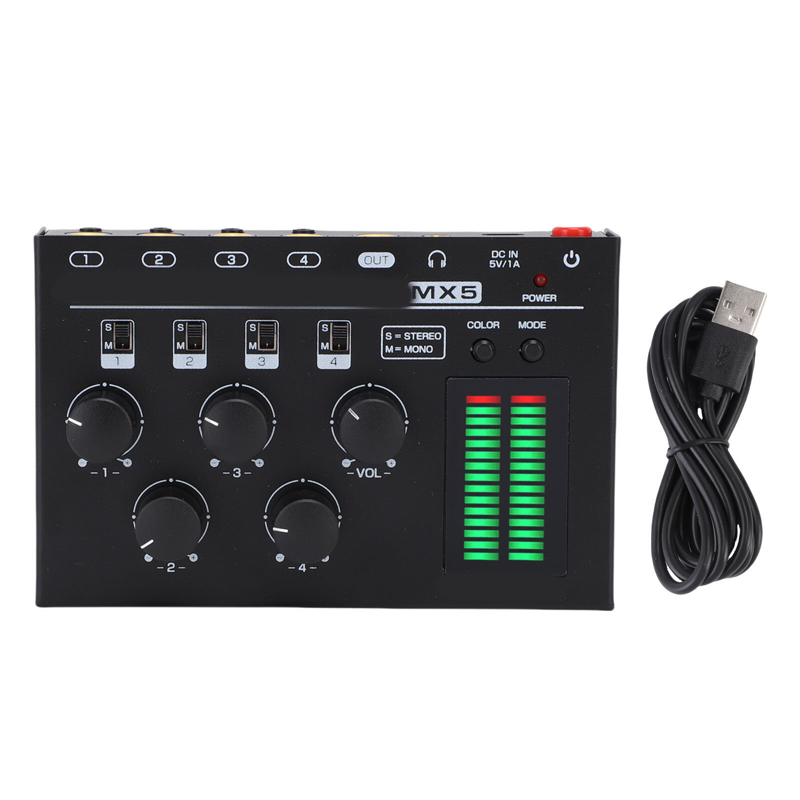 4-канальный мини-микшер со светодиодным индикатором уровня, стерео, моно, с низким уровнем шума, для ПК, CD-плеера, предусилителя, наушников и динамиков.