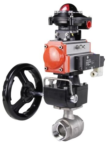 Кран шаровой DN.ru кшмп.316.230-ISO Ду50 Ру63 полнопроходной двухходовой, нержавеющая сталь SS316, внутренняя резьба, уплотнение PTFE, с пневмоприводом DN. ru DA-083, пневмораспределителем 220VAC, БКВ LSB-210-02NM12-220/24 и ручным дублером HDM-2