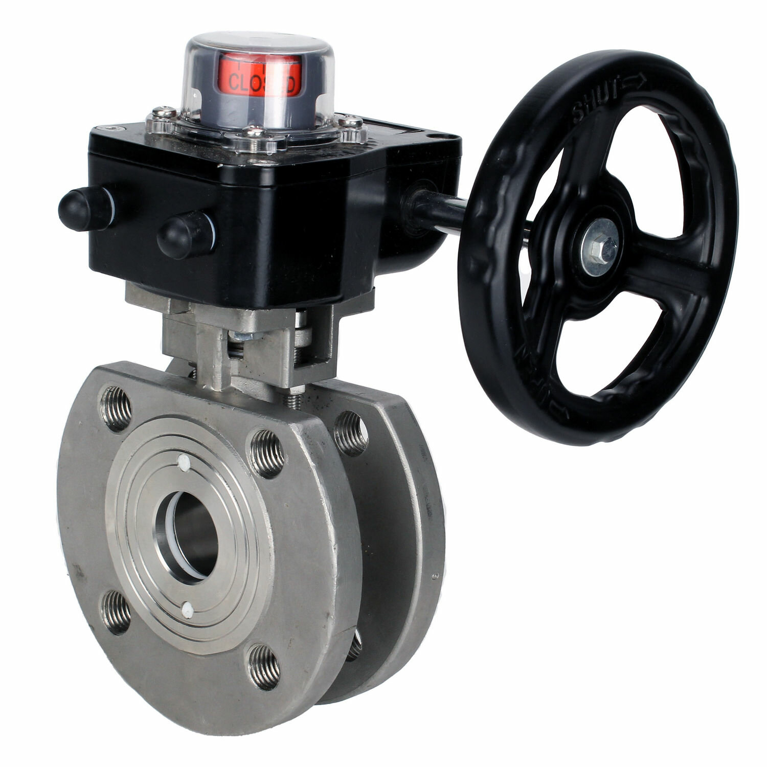 Кран шаровой DN.ru КШмФП.316.200 Ду40 Ру16 полнопроходной двухходовой, нержавеющая сталь 316, межфланцевый, уплотнение - PTFE, с ISO-фланцем и редуктором DN.ru HGB-1 с индикатором положения