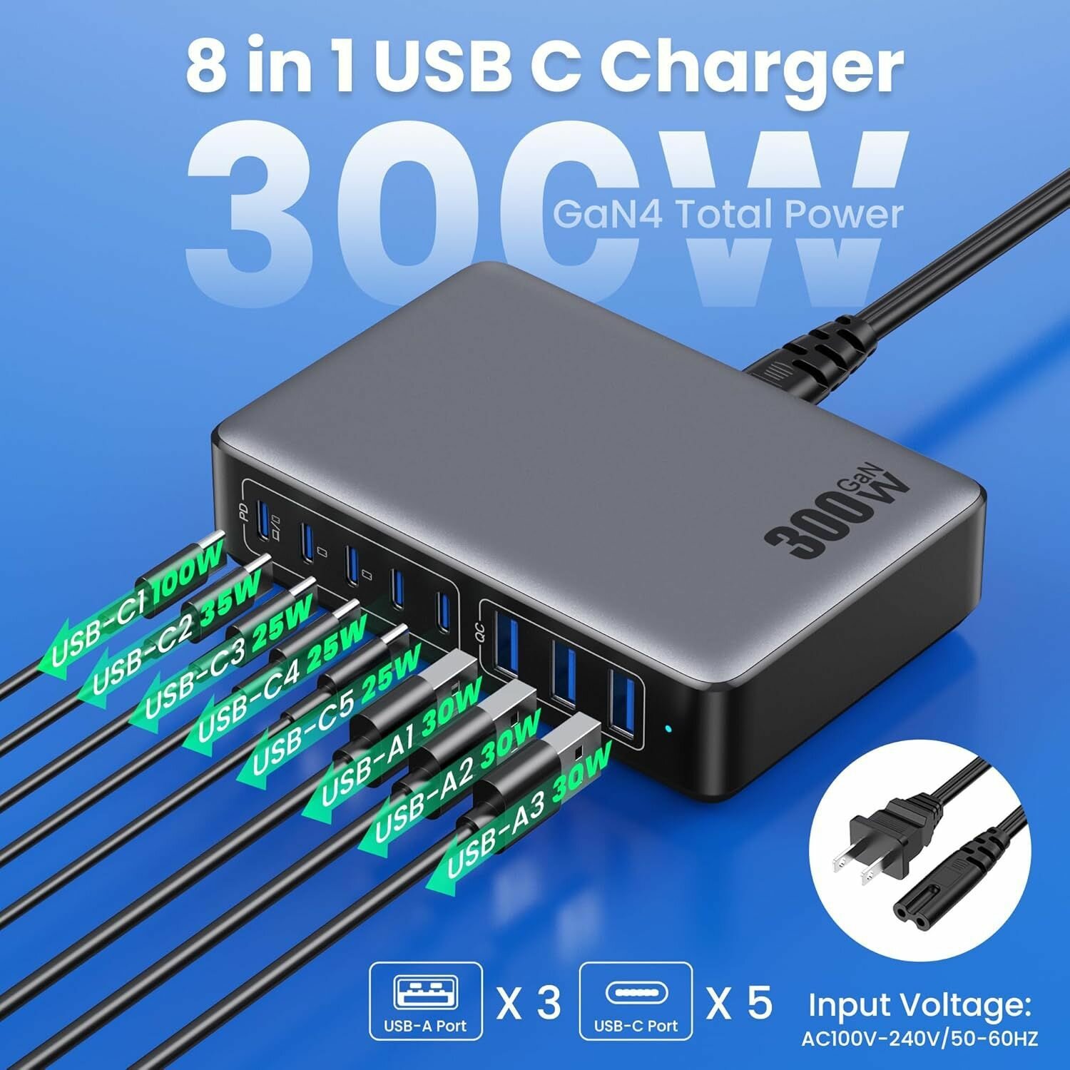 Мощное GaN зарядное устройство 300W, 5×Type-C + 3×USB-A, PD быстрая зарядка, черный. Мояэкономка