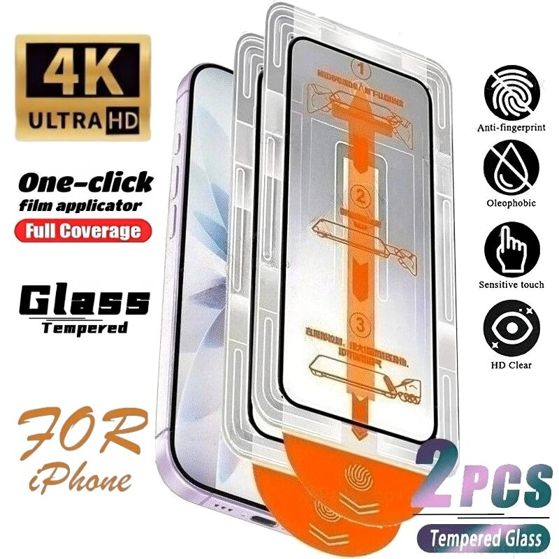 2 шт, высокопрозрачная полноэкранная защита для iPhone 17 16 15 14 13 Pro Max 17 Air 16e 12 11 Pro 15 14 Plus XR XS, легко устанавливаемая стекло
