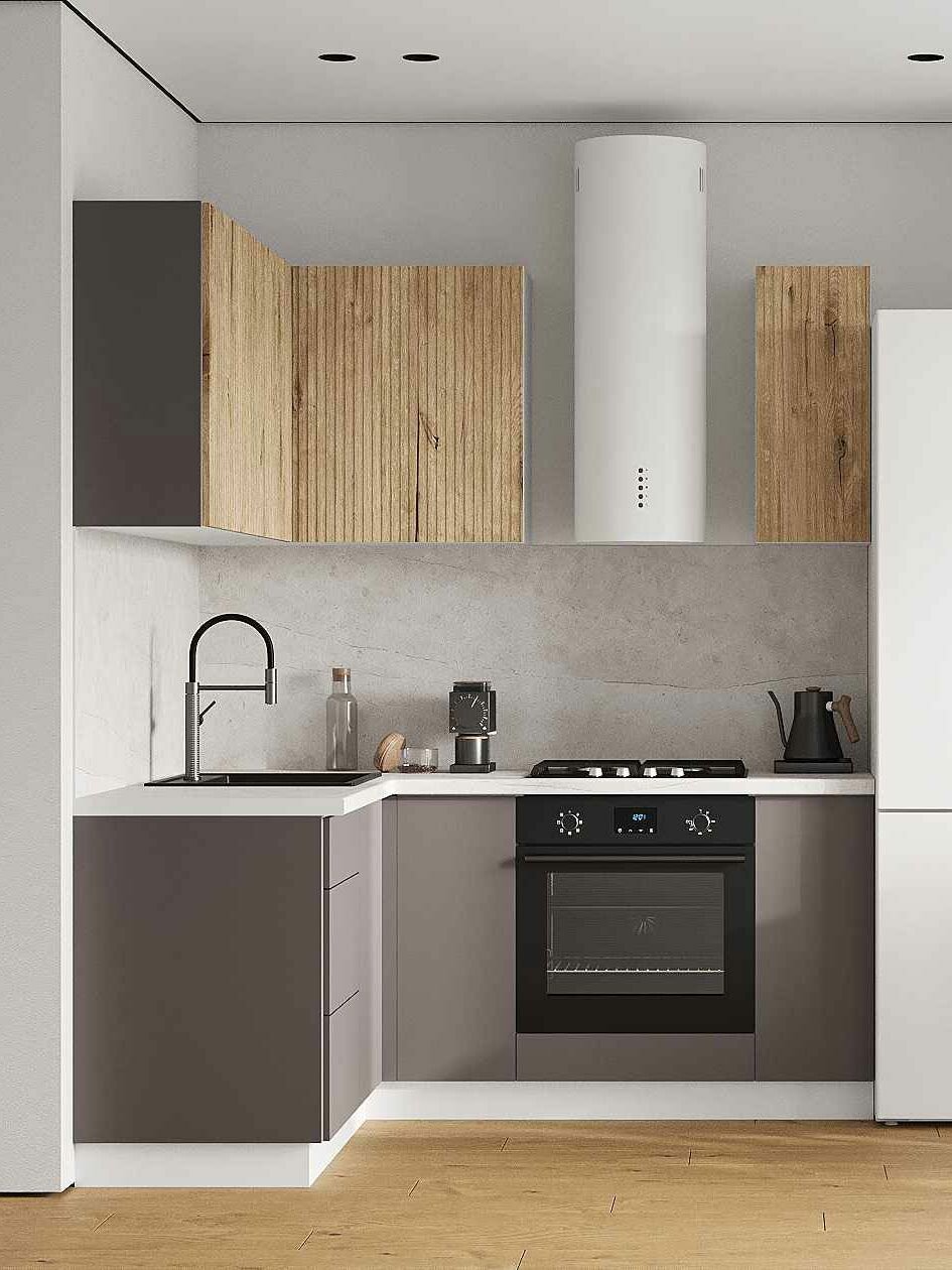 Кухонный гарнитур угловой Комби 1.8х1.5 м, мебель для дома и кухни, Белый / Дуб Торонто / Грей