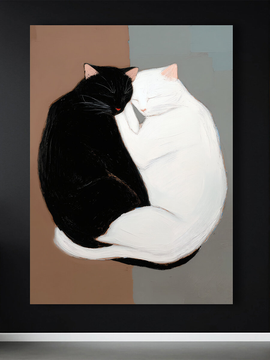 Картина на холсте - "Кот Инь Янь, котики обнимаются" , 30х40 см.