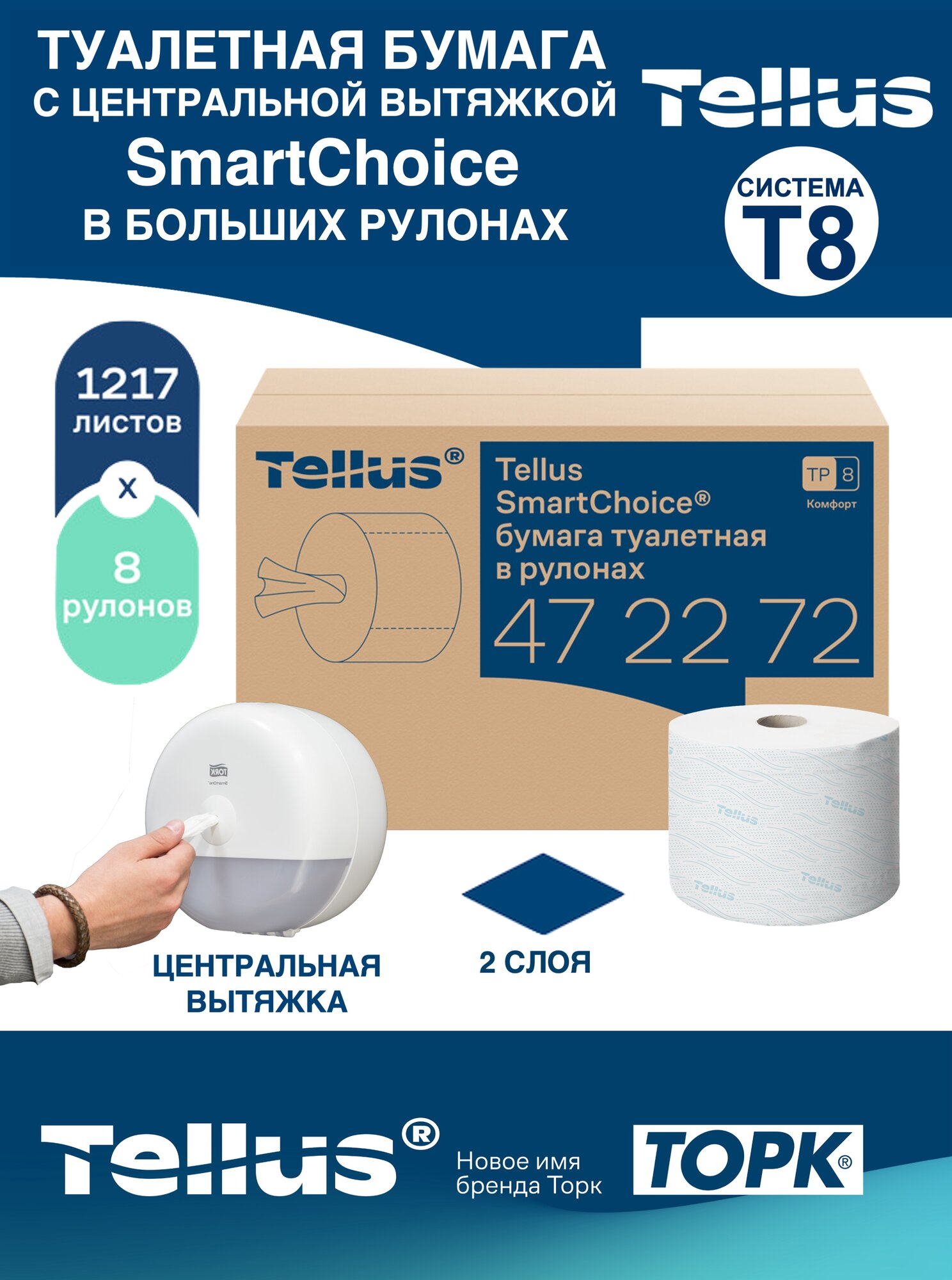 Туалетная бумага центральной вытяжкой Tellus Smart Choice, система: Т8, 2 слоя, коробка: 8 рулонов, 472272