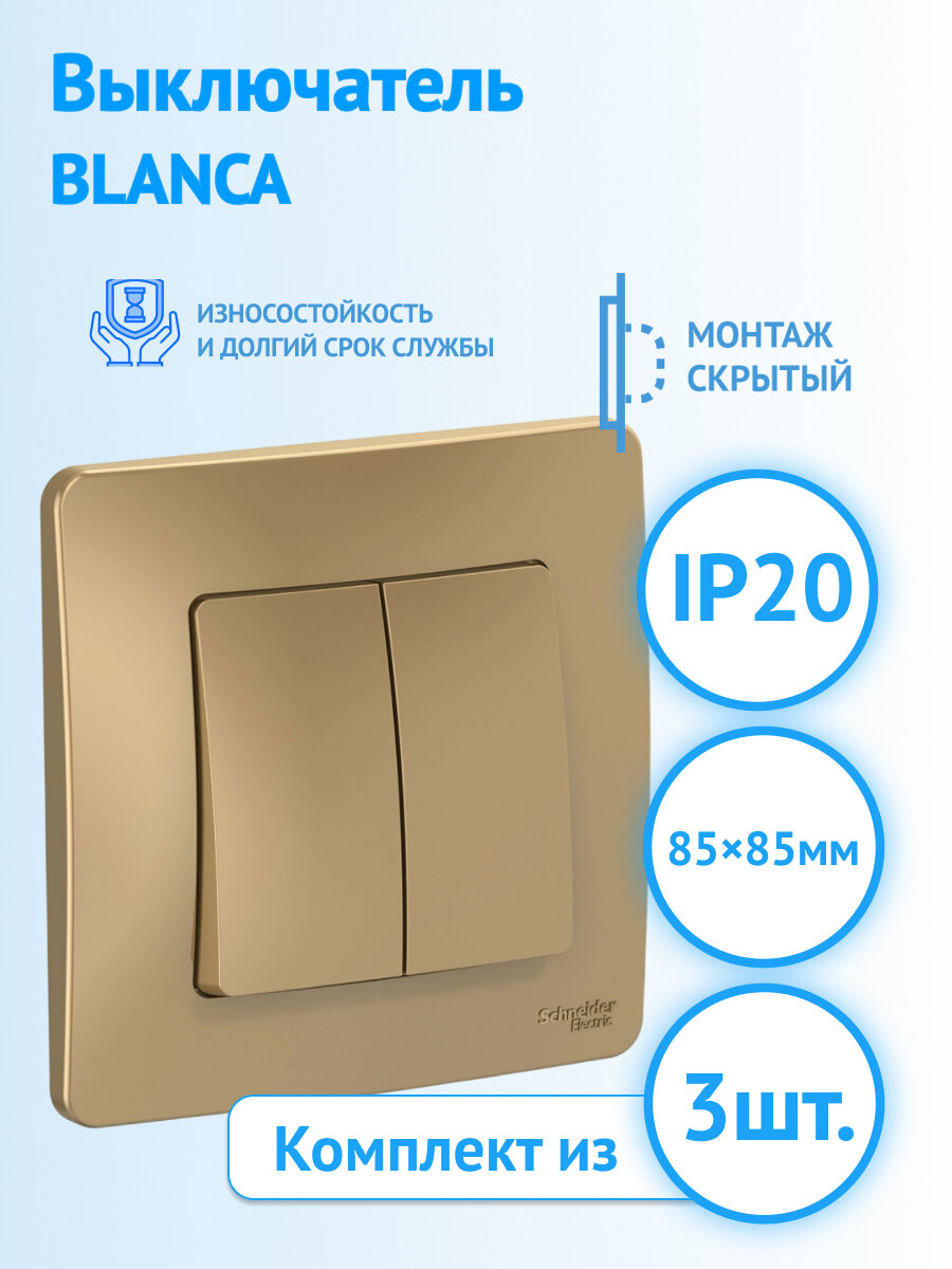Выключатель Systeme Electric Blanca двухклавишный, 10А, 250В, титан, BLNVS010504 (комплект из 3 шт.)