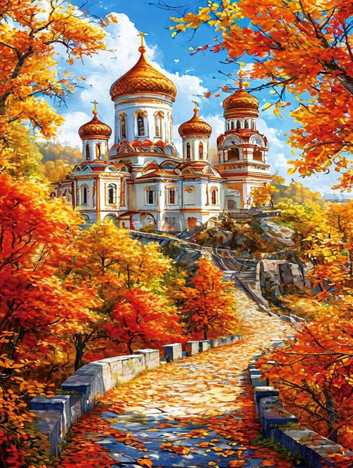 Алмазная мозаика на подрамнике 40*50 "Осенняя церковь" полная выкладка без имитации багетной рамы