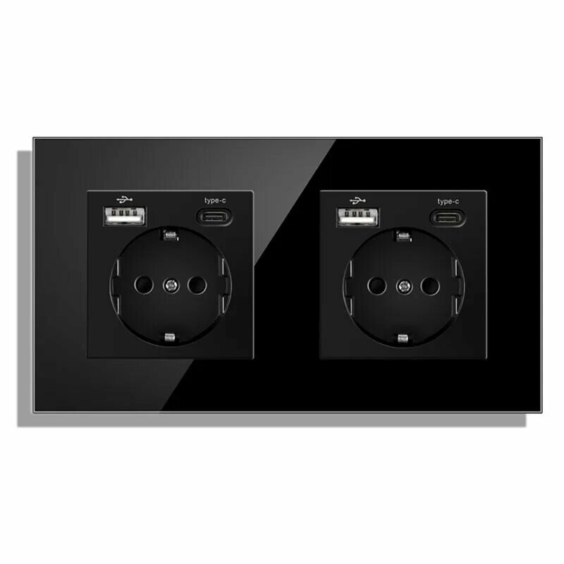 Розетка электрическая 2 поста, с Usb/Type-C АC, рамка 157х86мм стекло, цвет черное