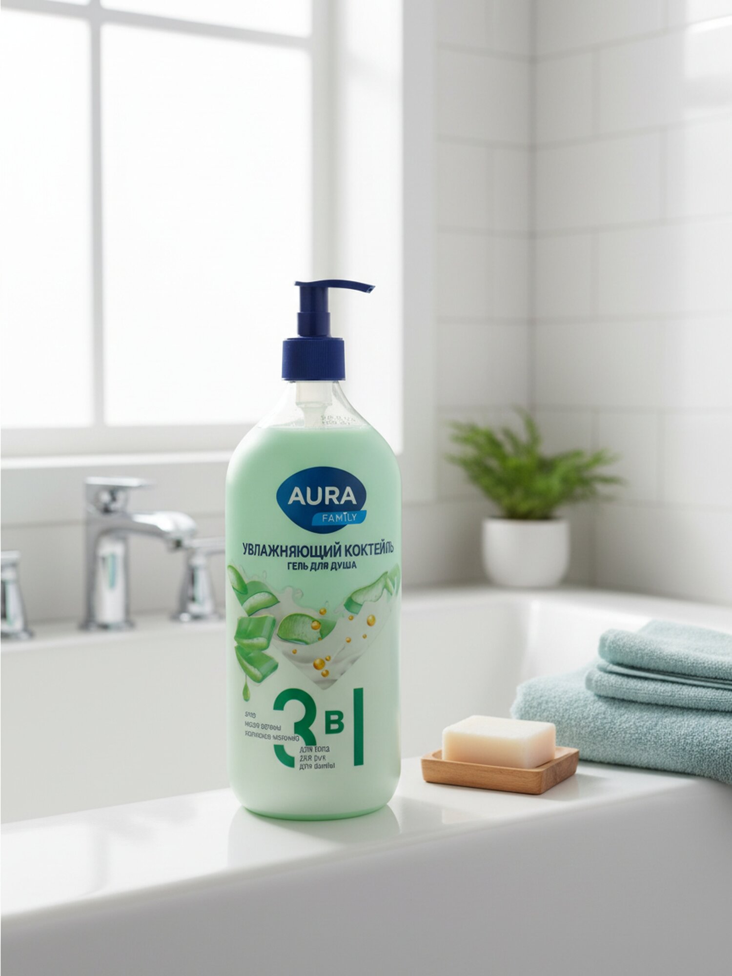 Гель для душа Aura Family Увлажняющий коктейль 1000 мл, женское средство чистоты и заботы о кожных покровах с помпой