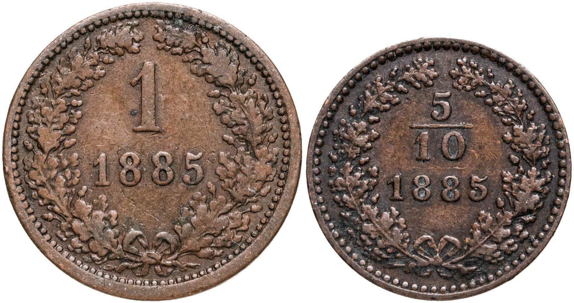 Австрия набор 5/10 и 1 крейцер 1885, старый тип 5/10, Медь, в сохранности VF