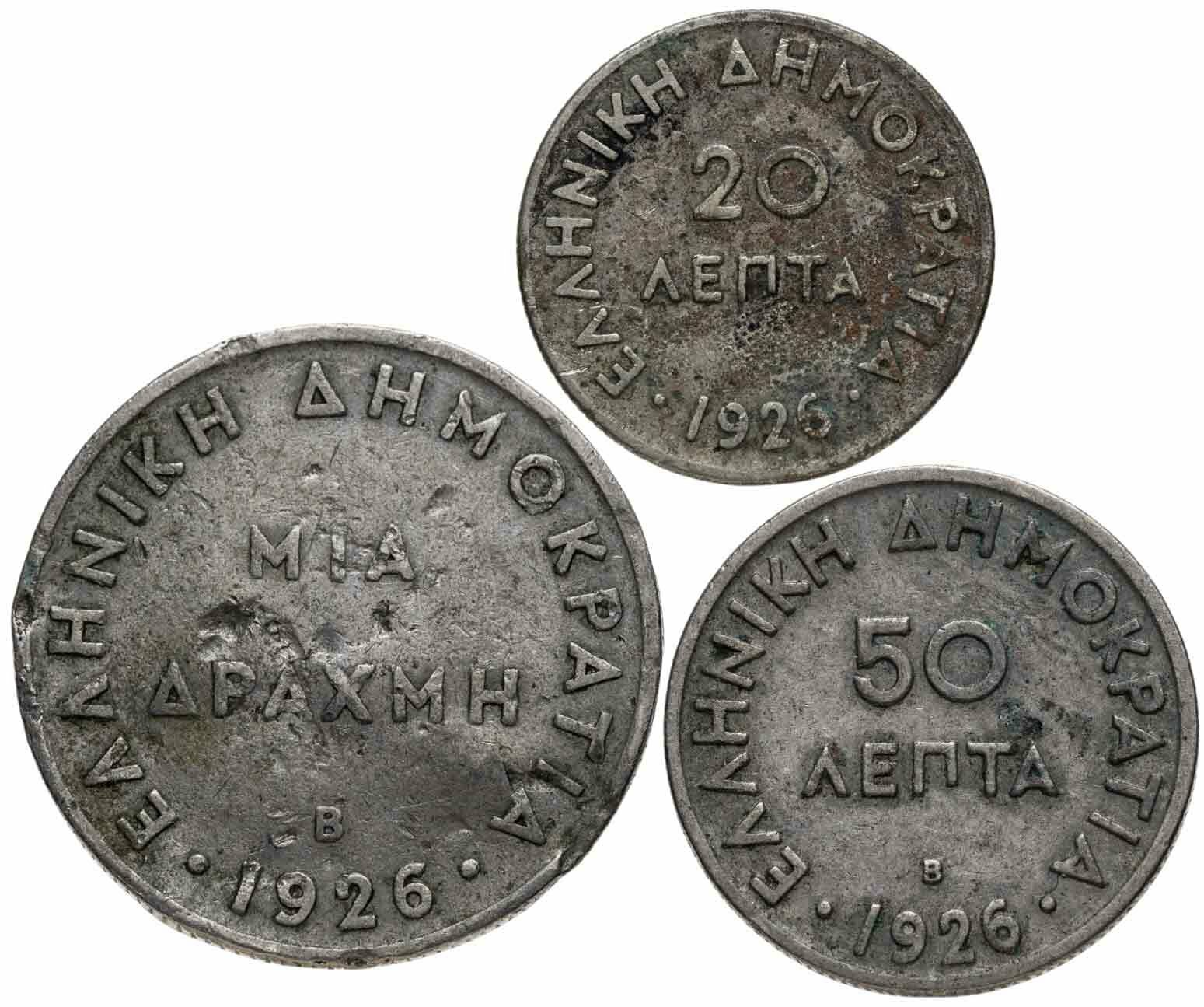 Греция набор монет для обращения 1926 3 шт, Мельхиор медь-никель, в сохранности F-VF
