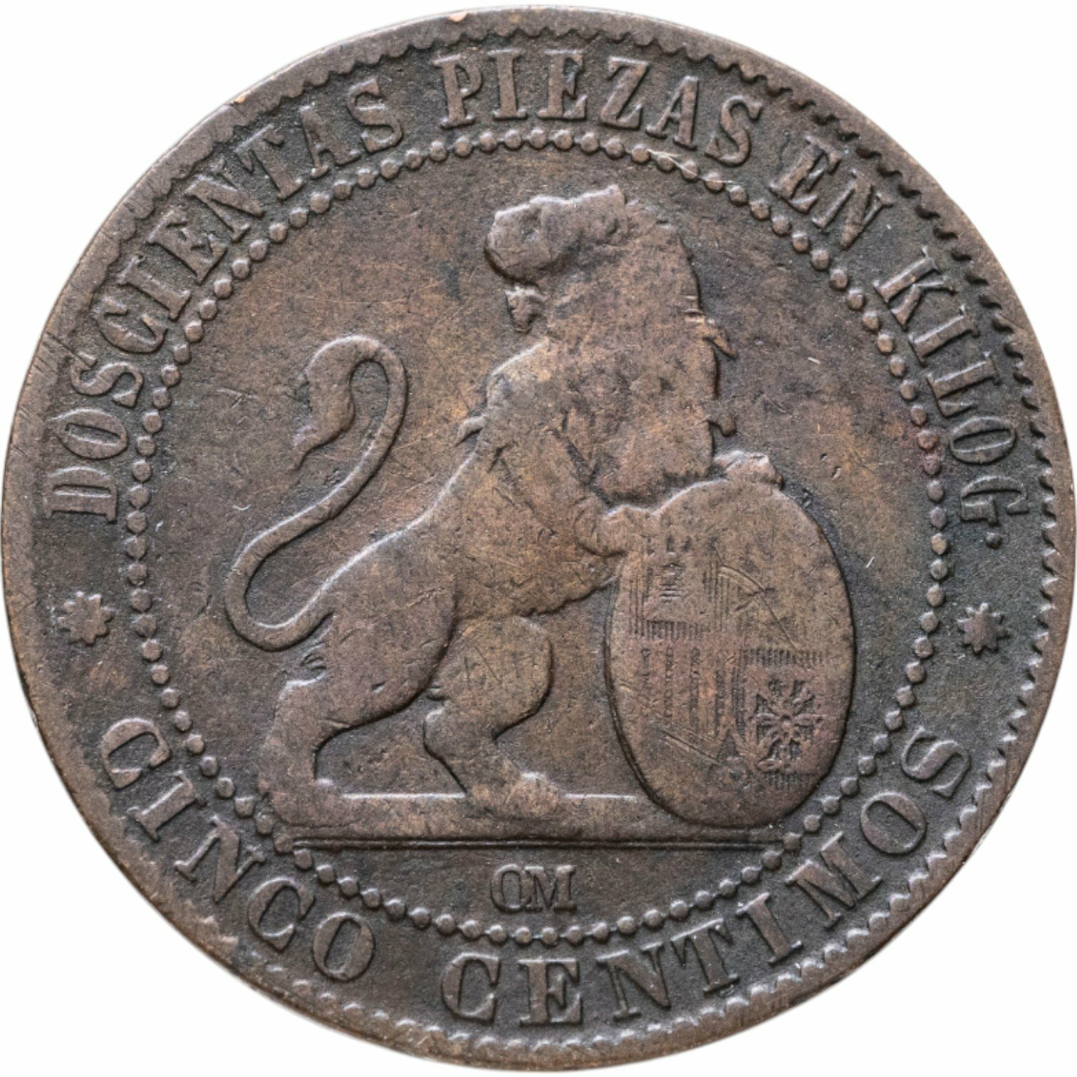 Испания 5 сентимо centimos 1870, Бронза, в сохранности VF