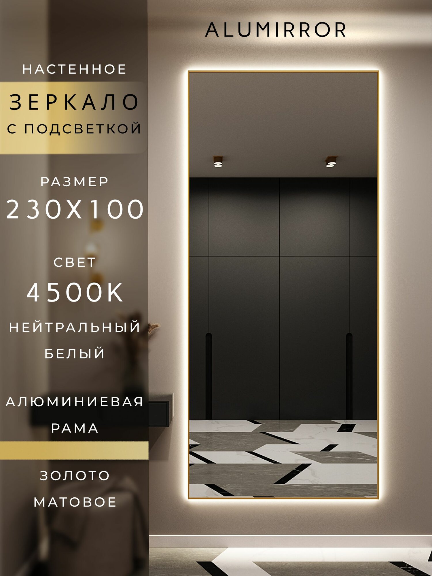 Зеркало настенное 230х100 см. золото с подсветкой Свет: Нейтральный белый 4500К В алюминиевой раме интерьерное ALUMIRROR