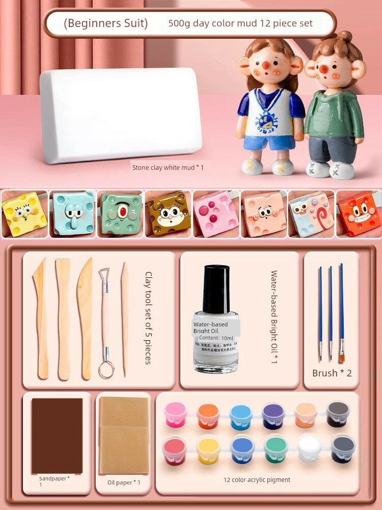 Набор для начинающих из белой воздухоотверждаемой глины, 12 предметов, 500 г, простой стартовый набор для детей