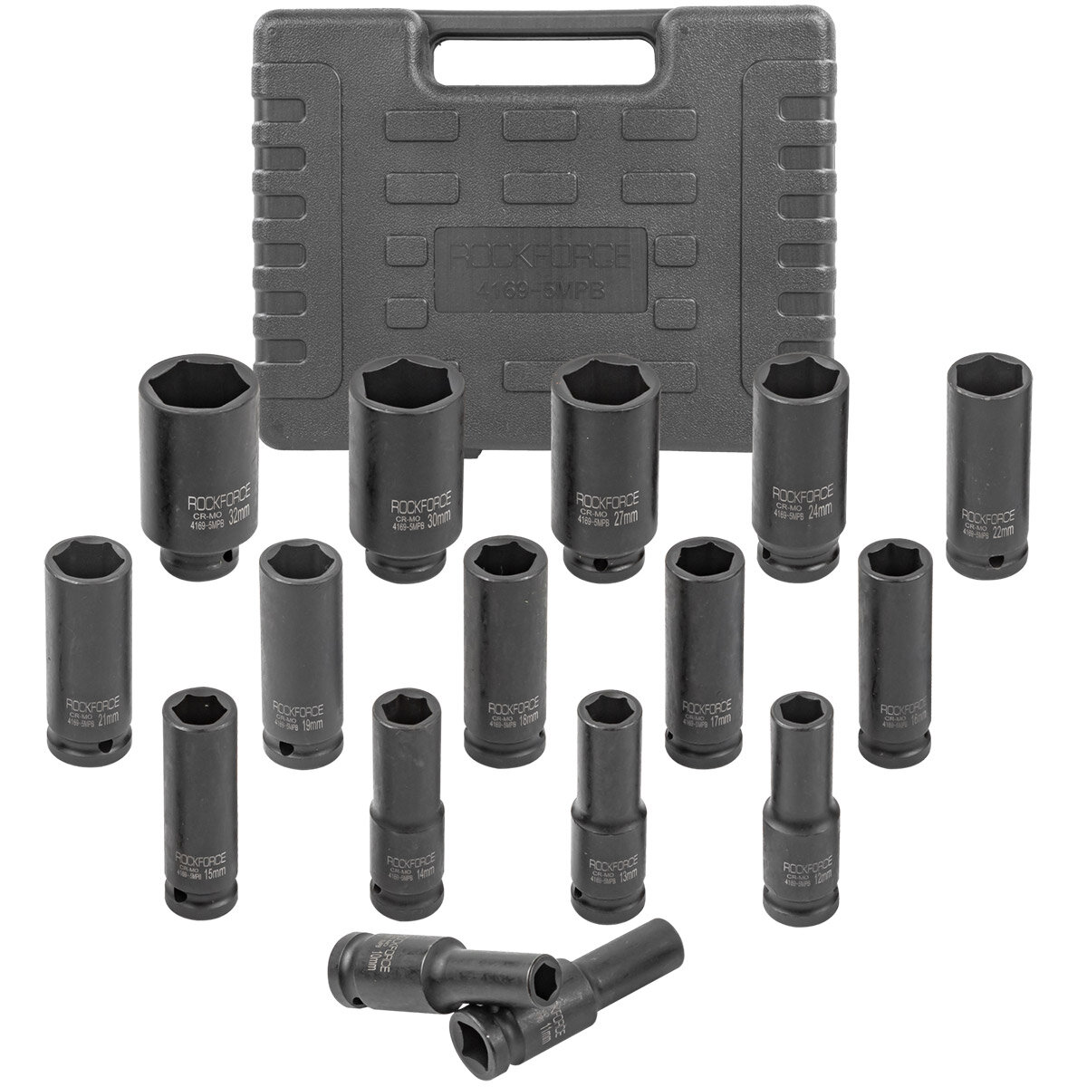 Набор головок ударных глубоких 6-гранных, 16 предметов, 1/2" DR Rockforce 1/2" 10-19, 21, 22, 24, 27, 30, 32мм , в кейсе RF-4169-5MPB RF-4169-5MPB(54614)